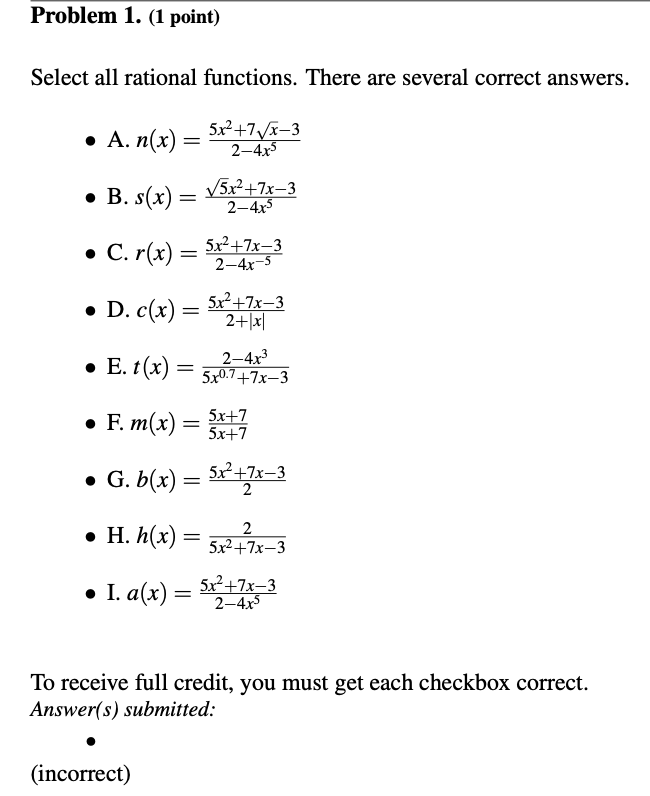 Solved Problem 1. (1 point) Select all rational functions. | Chegg.com