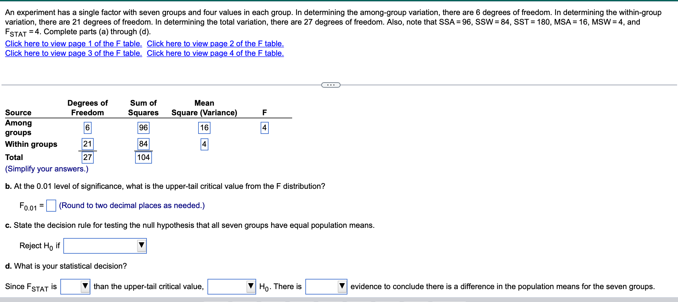 Solved An experiment has a single factor with seven groups | Chegg.com