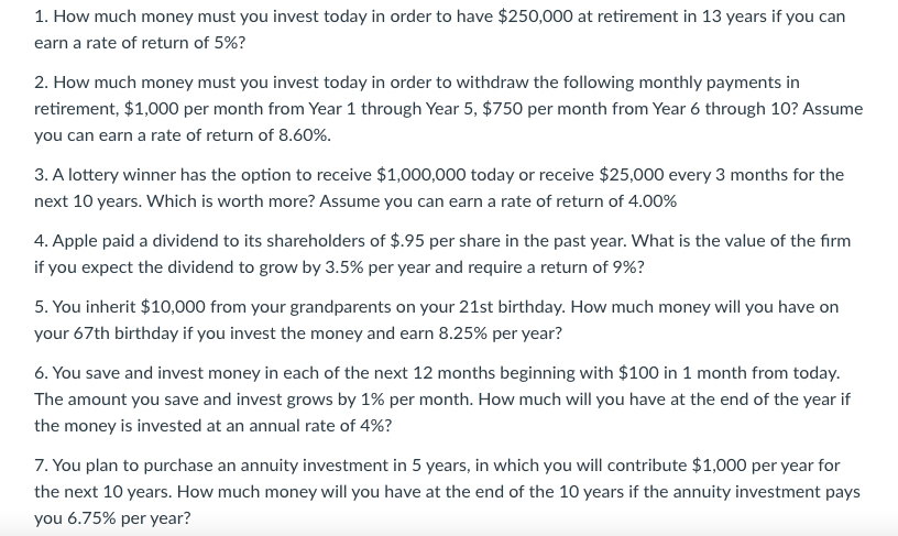 Solved Using Excel, solve the following seven time value of | Chegg.com