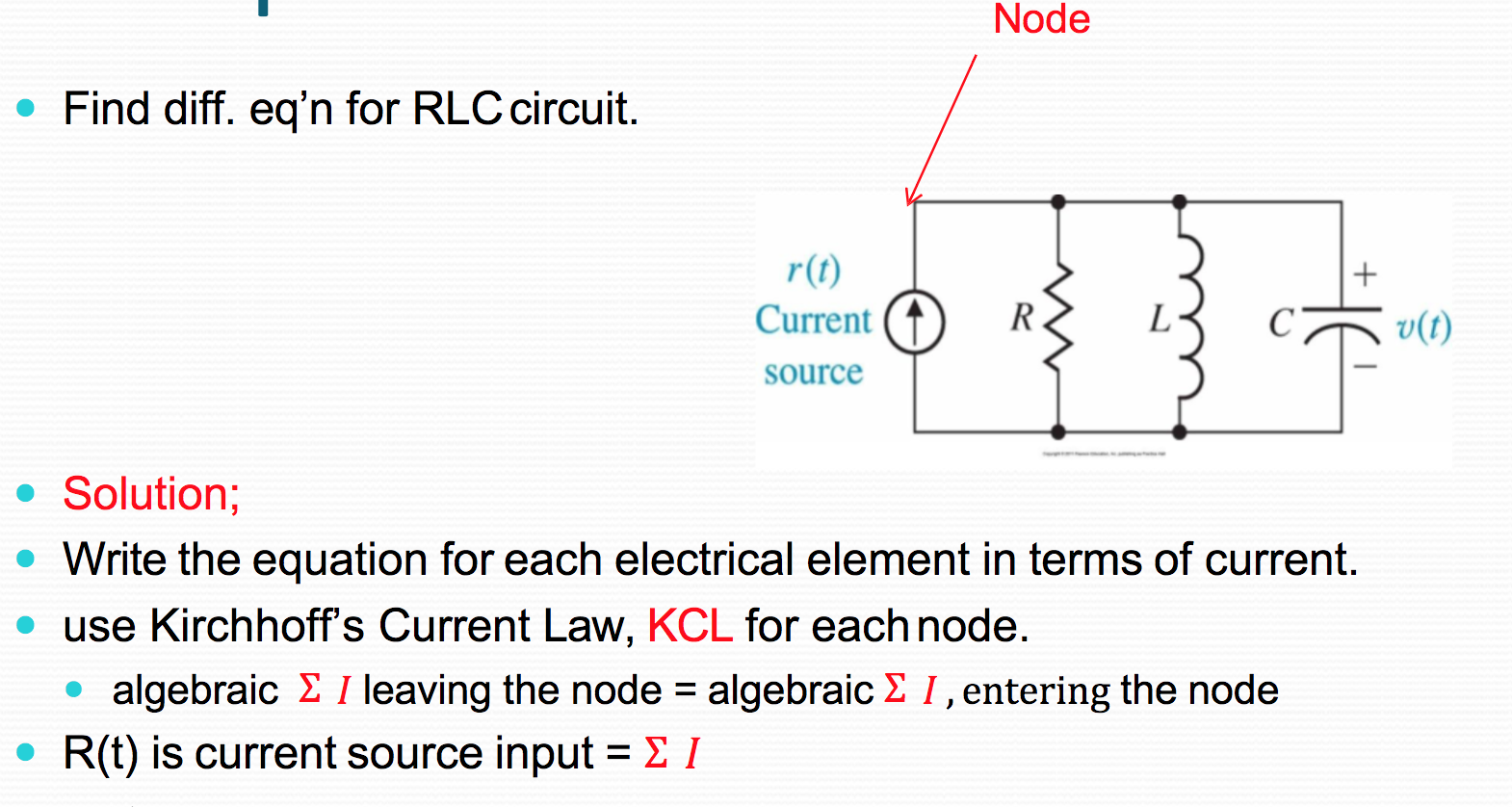 Solved Node • Find diff. eq'n for RLC circuit. X Current R C | Chegg.com