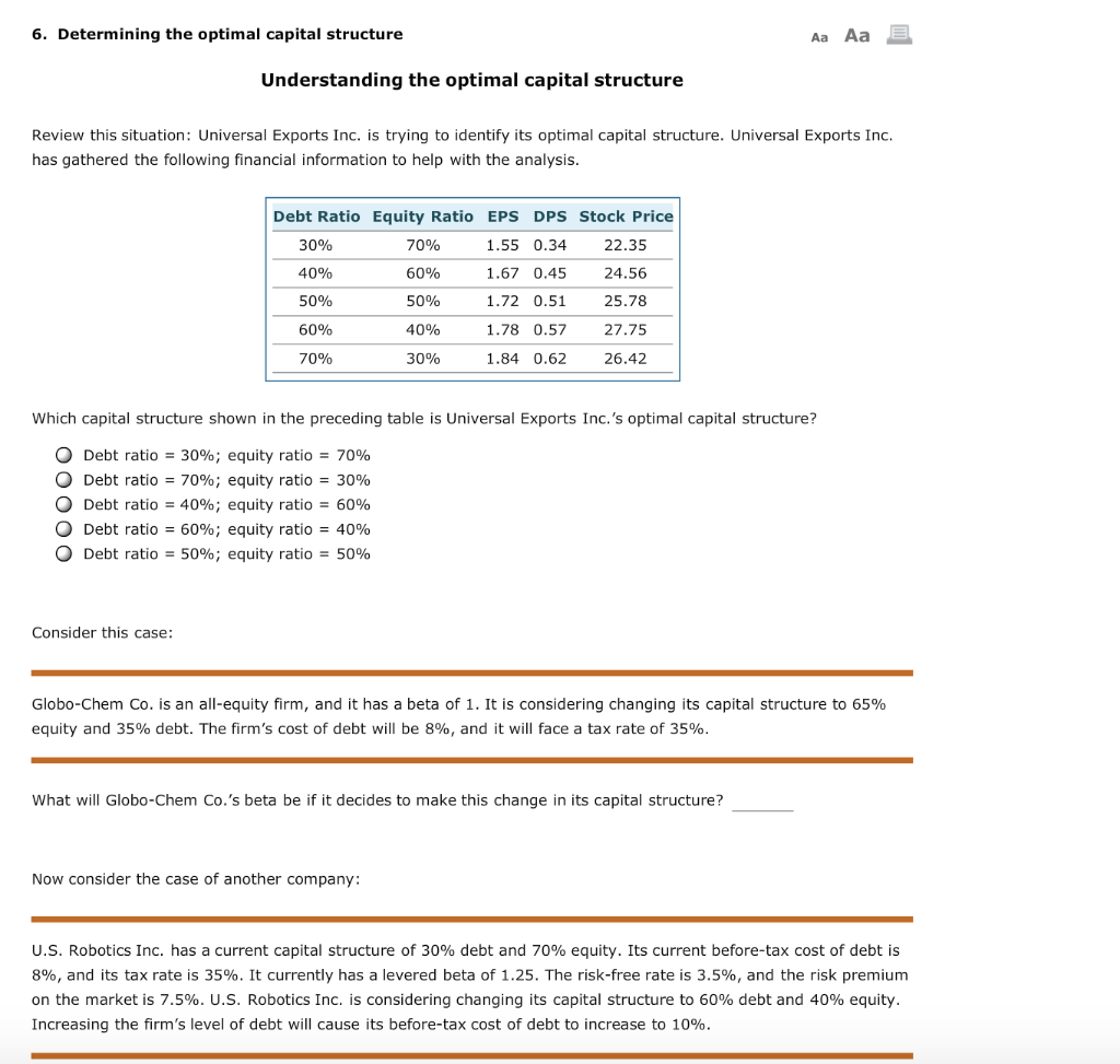 Solved 6. Determining the optimal capital structure Aa Aa | Chegg.com