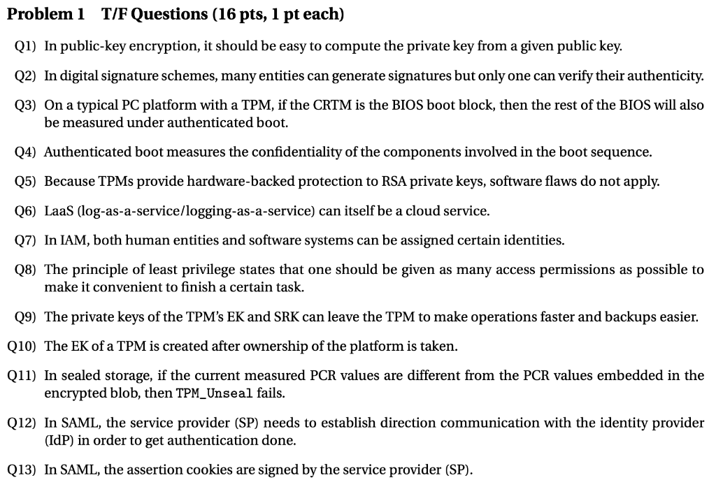 Solved Problem 1 T/F Questions (16 pts, 1 pt each) Q1) In | Chegg.com