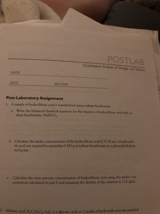 Solved POSTLAB Quantitative Analysis of Vinegar via | Chegg.com