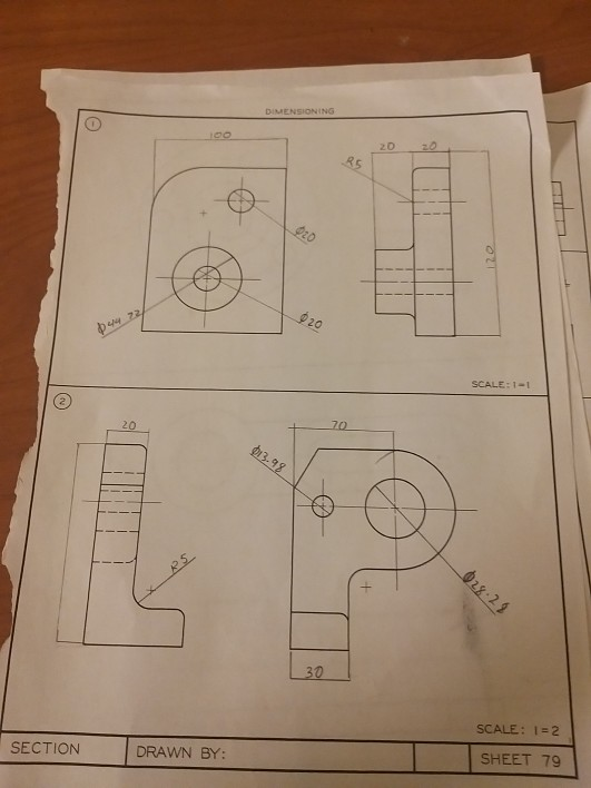 Solved DIMENSIONING Pe SCALE 028:29 30 SECTION DRAWN BY: | Chegg.com
