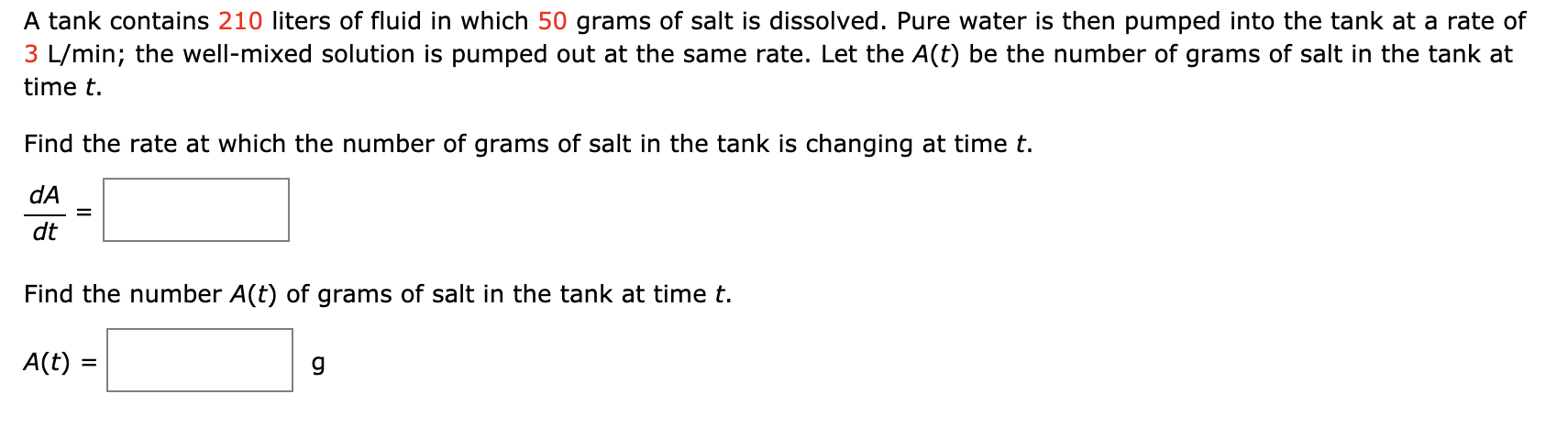 Solved A tank contains 210 liters of fluid in which 50 grams | Chegg.com