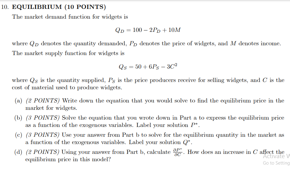 Solved 10. EQUILIBRIUM (10 POINTS) The market demand | Chegg.com