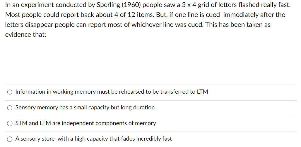 Solved In an experiment conducted by Sperling (1960) people | Chegg.com