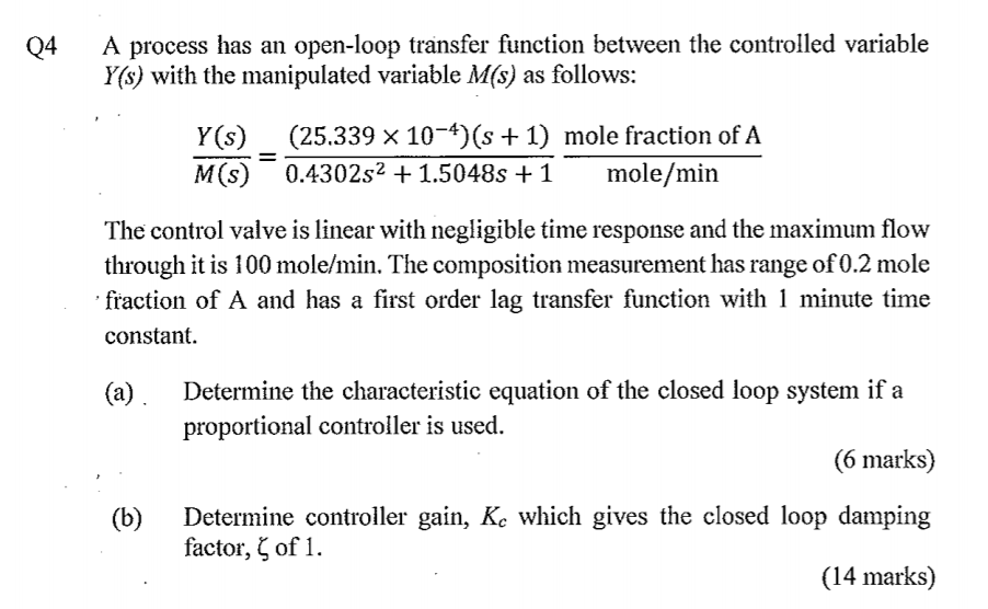 Solved Q4 A process has an open-loop transfer function | Chegg.com
