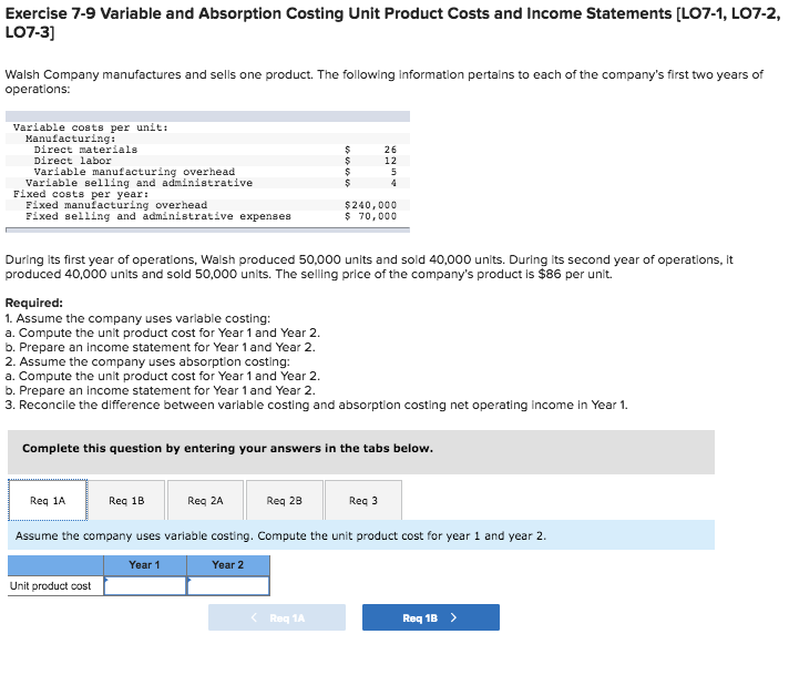 Solved Exercise 7-9 Variable and Absorption Costing Unit | Chegg.com