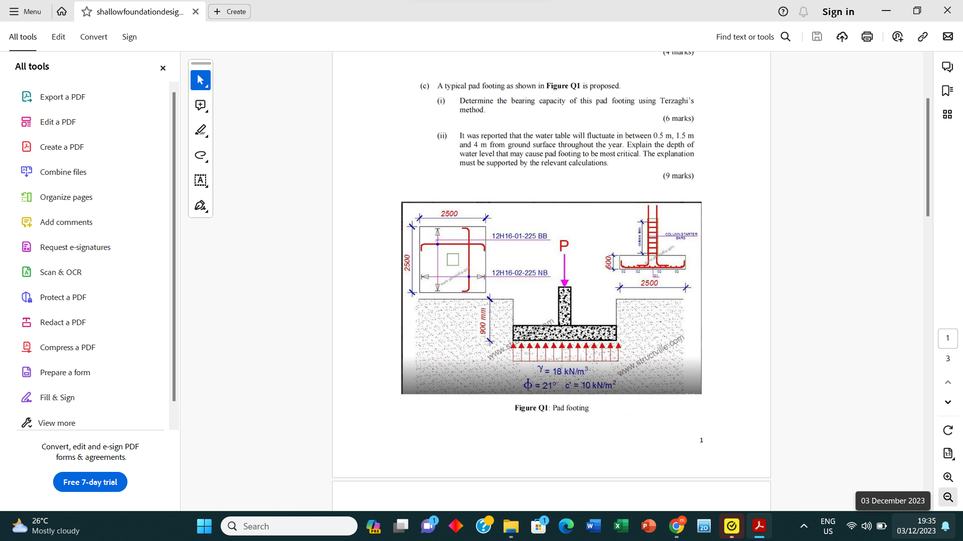 Solved (c) A typical pad footing as shown in Figure Q1 is | Chegg.com