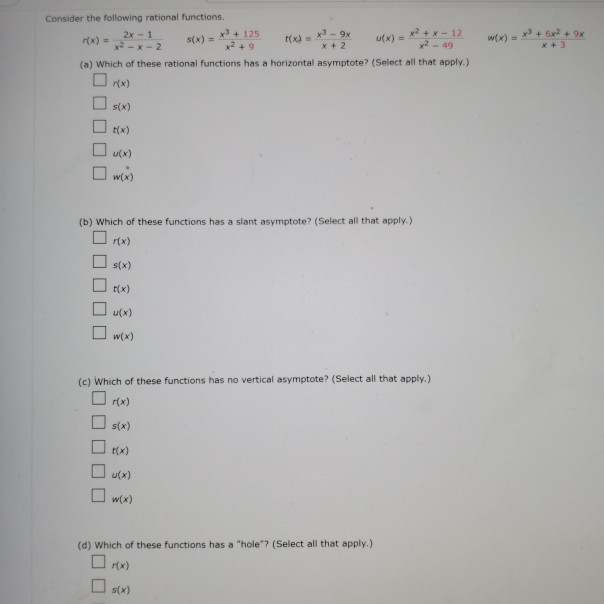Solved Consider the following rational functions. wix)-x + | Chegg.com