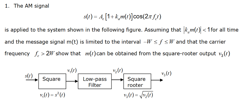 Solved 1. The AM signal is applied to the system shown in | Chegg.com
