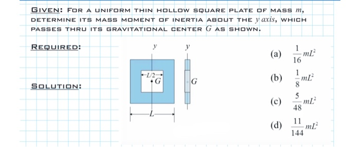 Solved GIVEN: FOR A UNIFORM THIN HOLLOW SQUARE PLATE OF MASS | Chegg.com