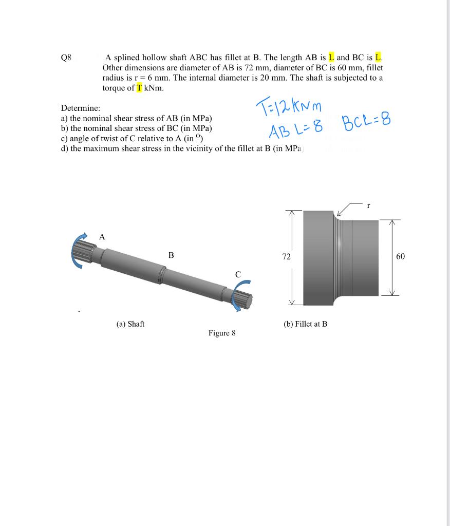 Solved Q8 A splined hollow shaft ABC has fillet at B. The | Chegg.com