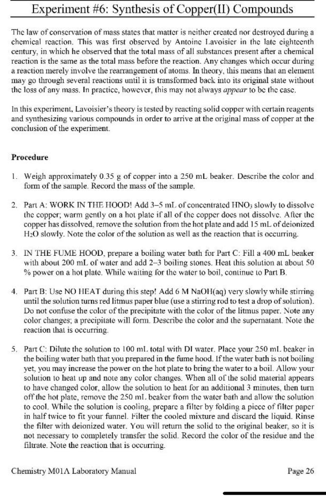 Solved Experiment #6: Synthesis of Copper(II) Compounds The | Chegg.com