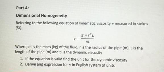 Solved Part 4: Dimensional Homogeneity Referring to the | Chegg.com