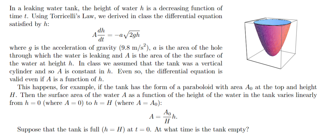 Solved In a leaking water tank, the height of water h is a | Chegg.com