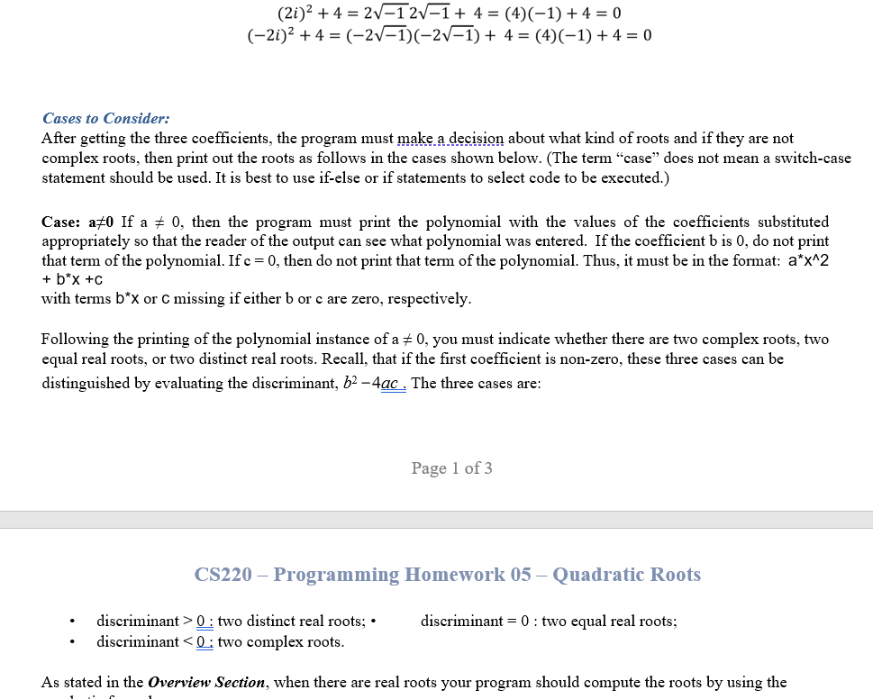 Solved CS220 - Programming Homework 05 - Quadratic Roots | Chegg.com