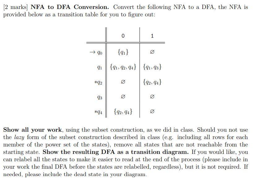 Solved [2 marks] NFA to DFA Conversion. Convert the | Chegg.com