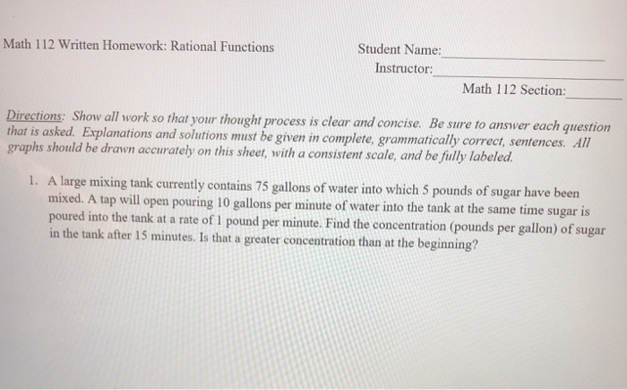 Solved Student Name: Instructor Math 112 Written Homework: | Chegg.com