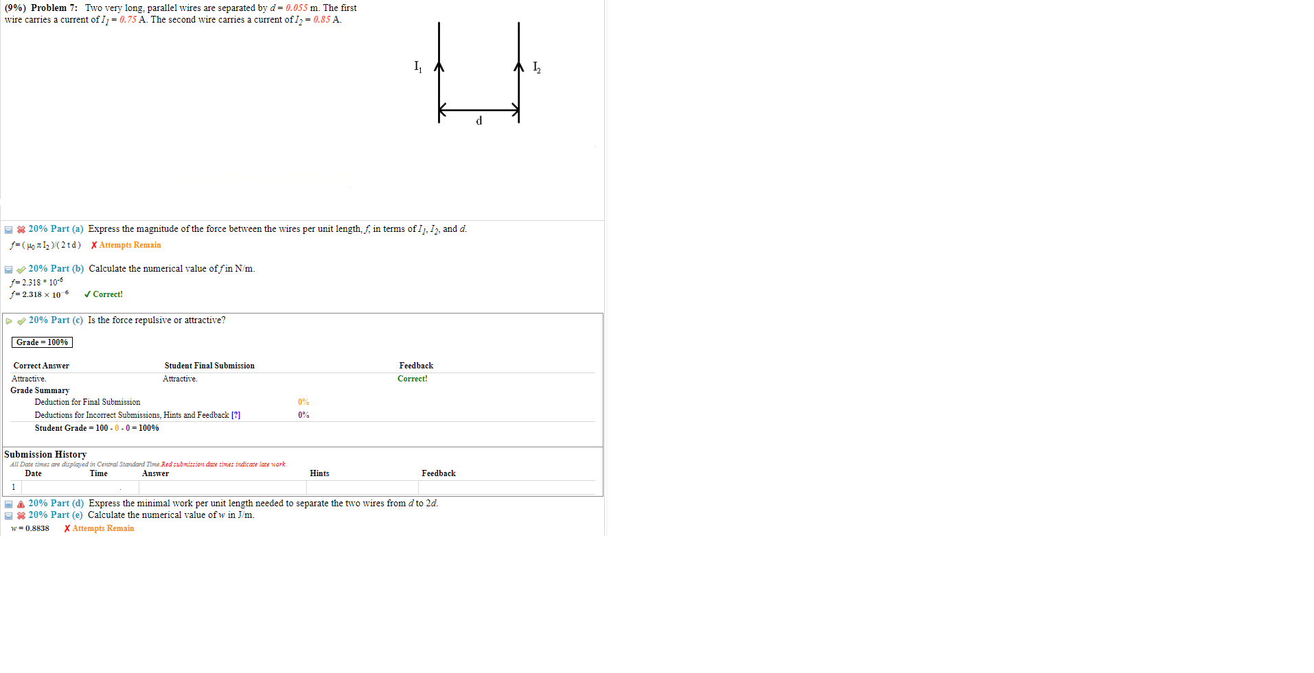 Solved (9\%) Problem 7: Two very long, parallel wires are | Chegg.com