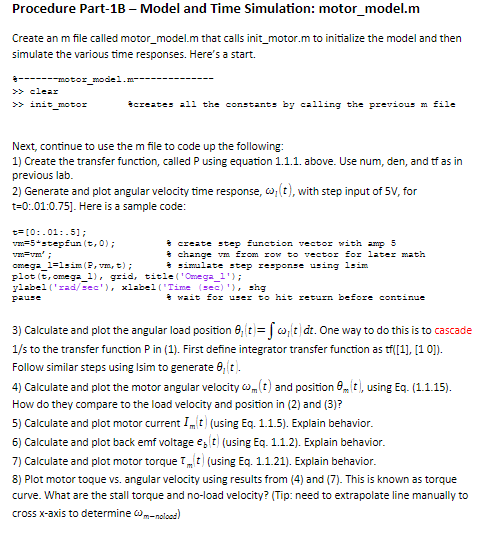 Procedure Part-1B - Model and Time Simulation: | Chegg.com