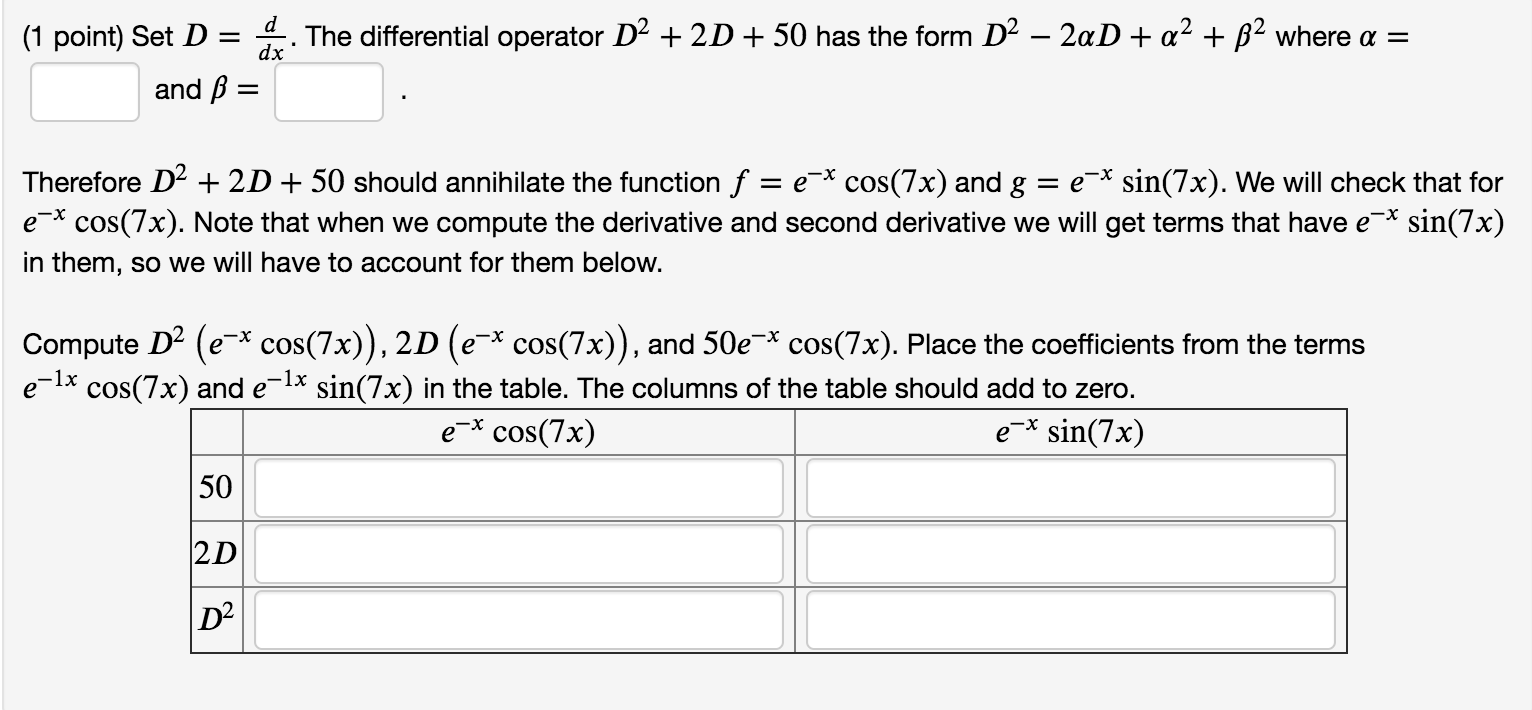 Solved (1 point) Set D = d.. The differential operator D2 + | Chegg.com
