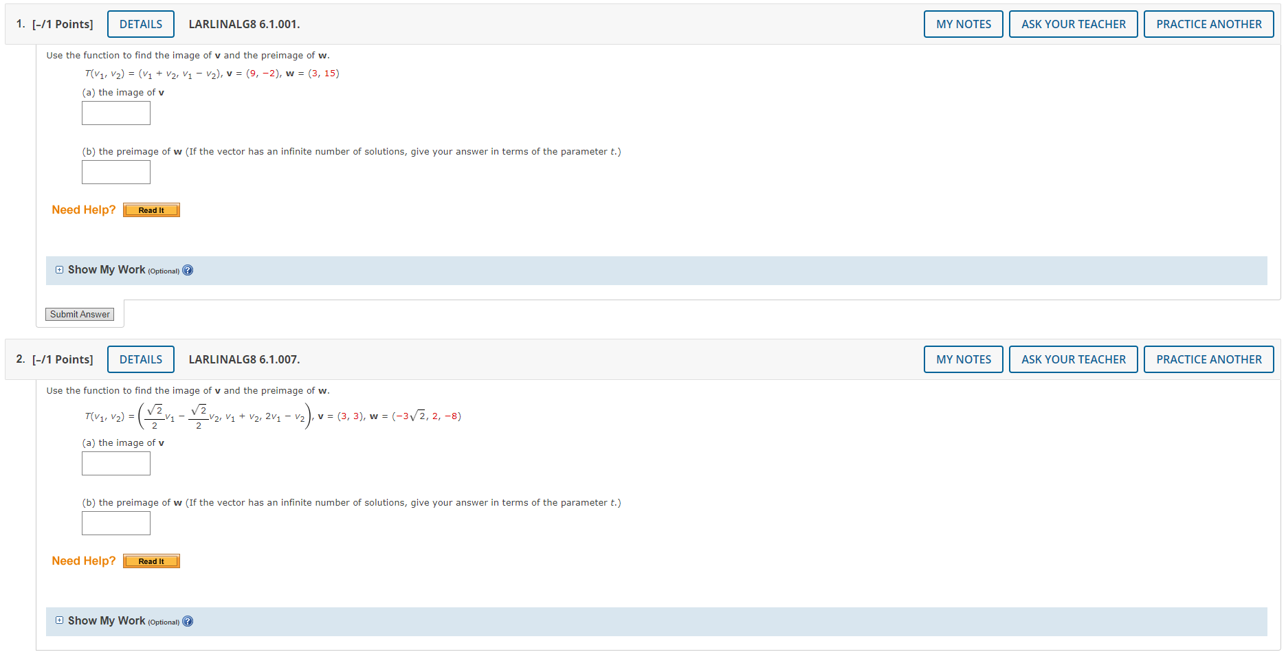 Solved 1. [-/1 Points] DETAILS LARLINALG8 6.1.001. MY NOTES | Chegg.com