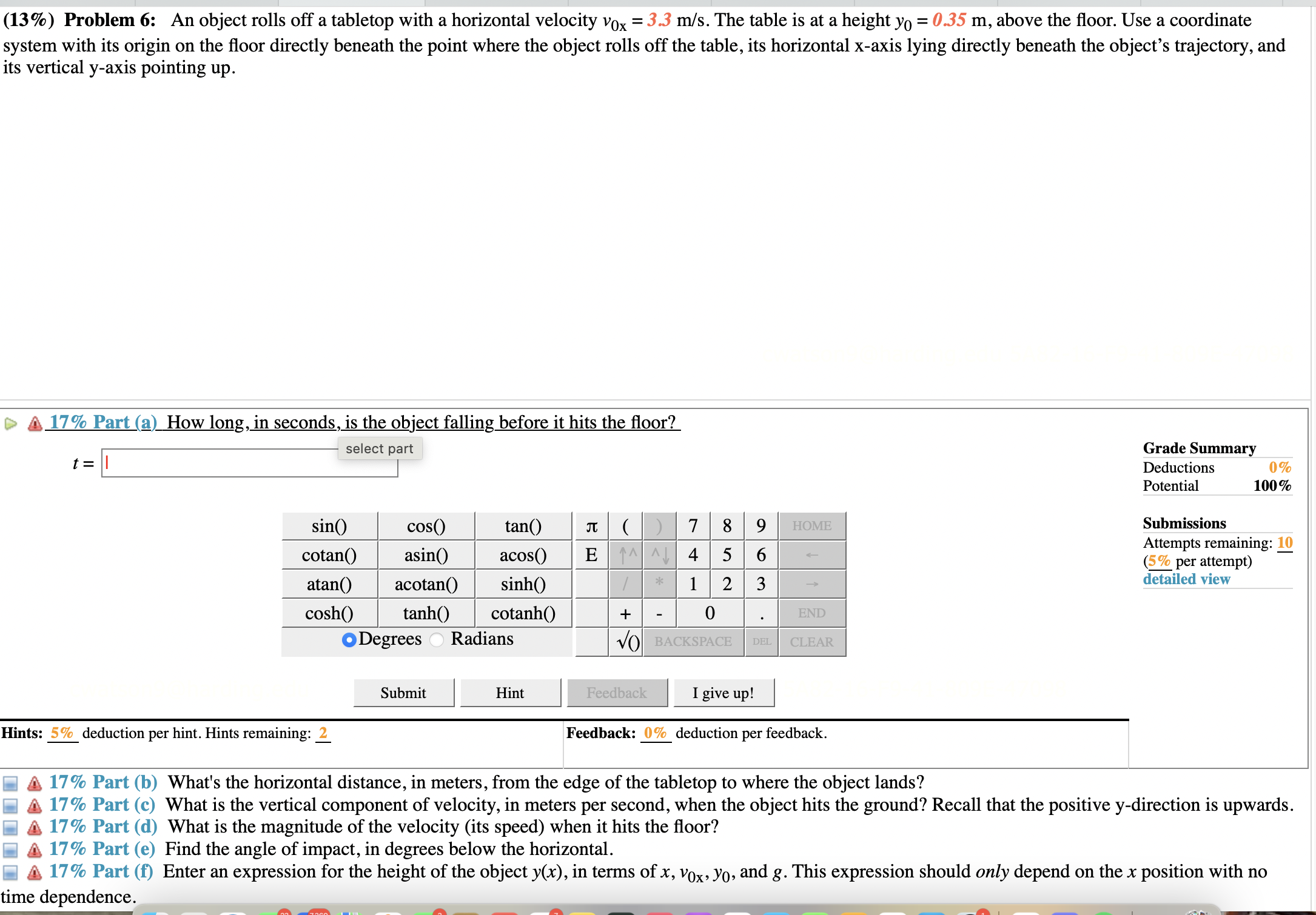 Solved (13\%) Problem 6: An object rolls off a tabletop with | Chegg.com