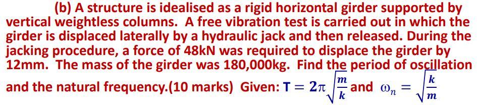 Solved (b) A structure is idealised as a rigid horizontal | Chegg.com