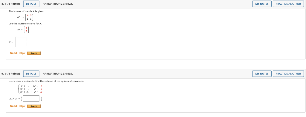 Solved The inverse of matrix A is given. A−1=[4151] Use the | Chegg.com