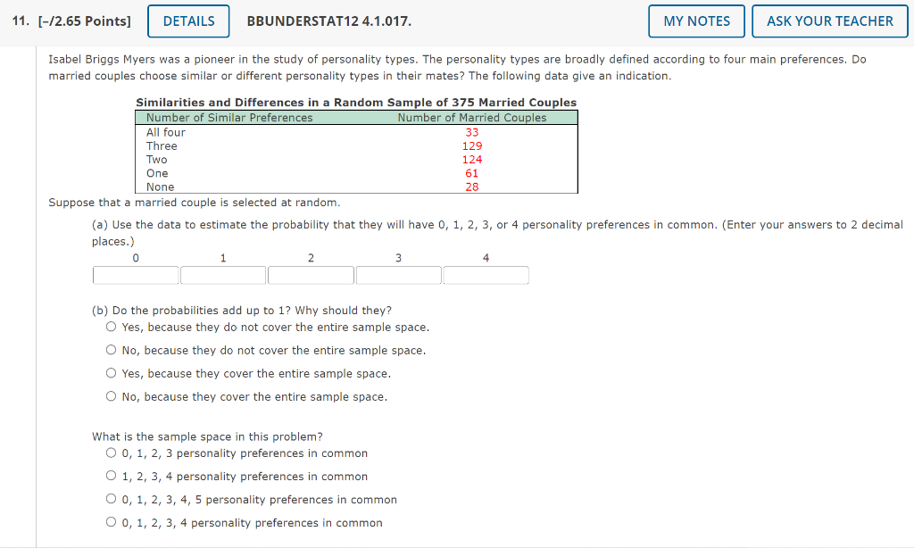 Solved 11. [-/2.65 Points] DETAILS BBUNDERSTAT12 4.1.017. MY | Chegg.com