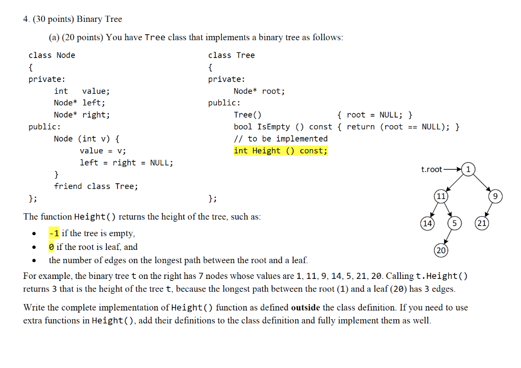 Solved 4. (30 points) Binary Tree (a) (20 points) You | Chegg.com