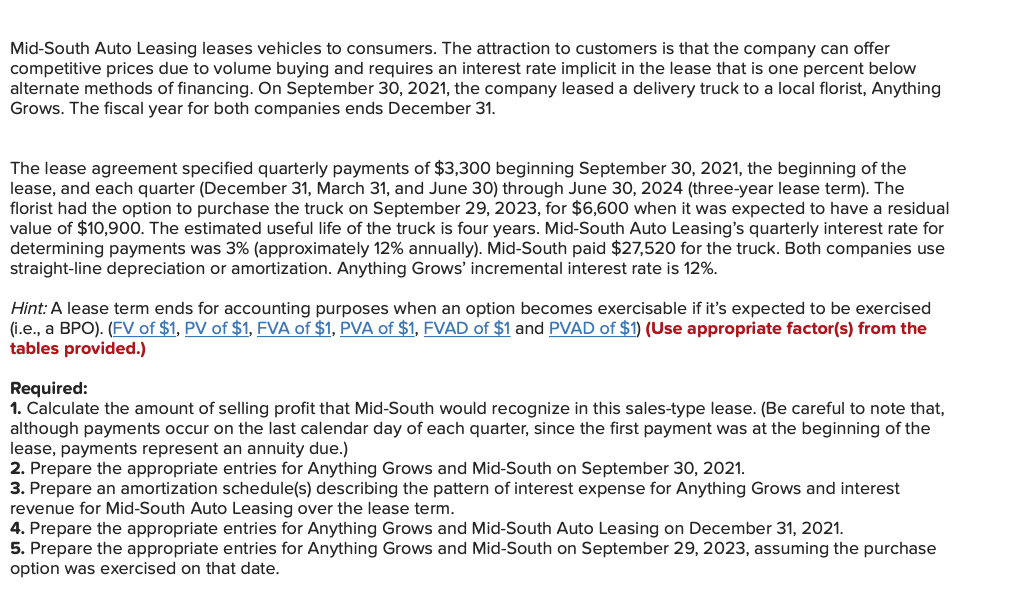 Solved Mid-South Auto Leasing leases vehicles to consumers. | Chegg.com