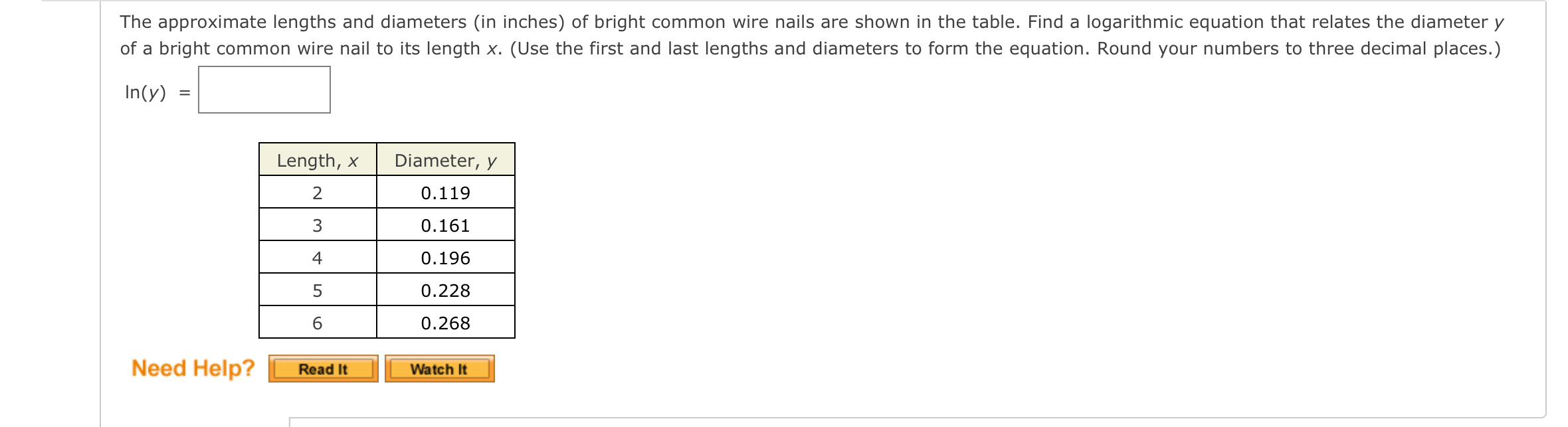 Solved The approximate lengths and diameters (in inches) of | Chegg.com