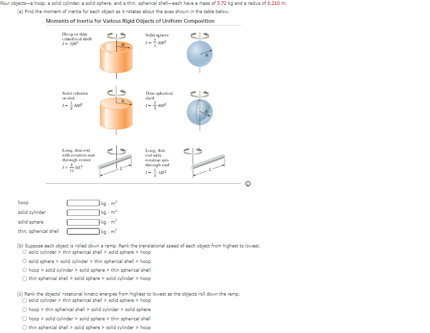 Solved Four objects-a hoop, a solid cylinder, a solid | Chegg.com