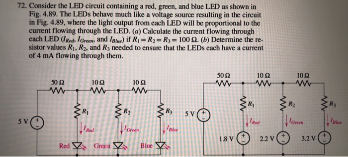 Solved 72. Consider the LED circuit containing a red, green, | Chegg.com