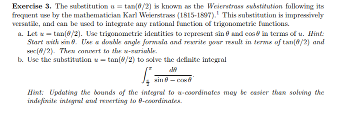 Solved Exercise 3. The substitution u = tan(θ/2) is known as | Chegg.com