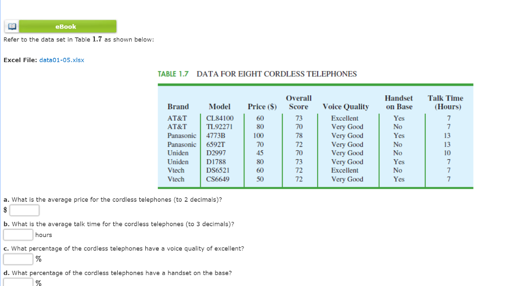 Solved eBook Refer to the data set in Table 1.7 as shown | Chegg.com