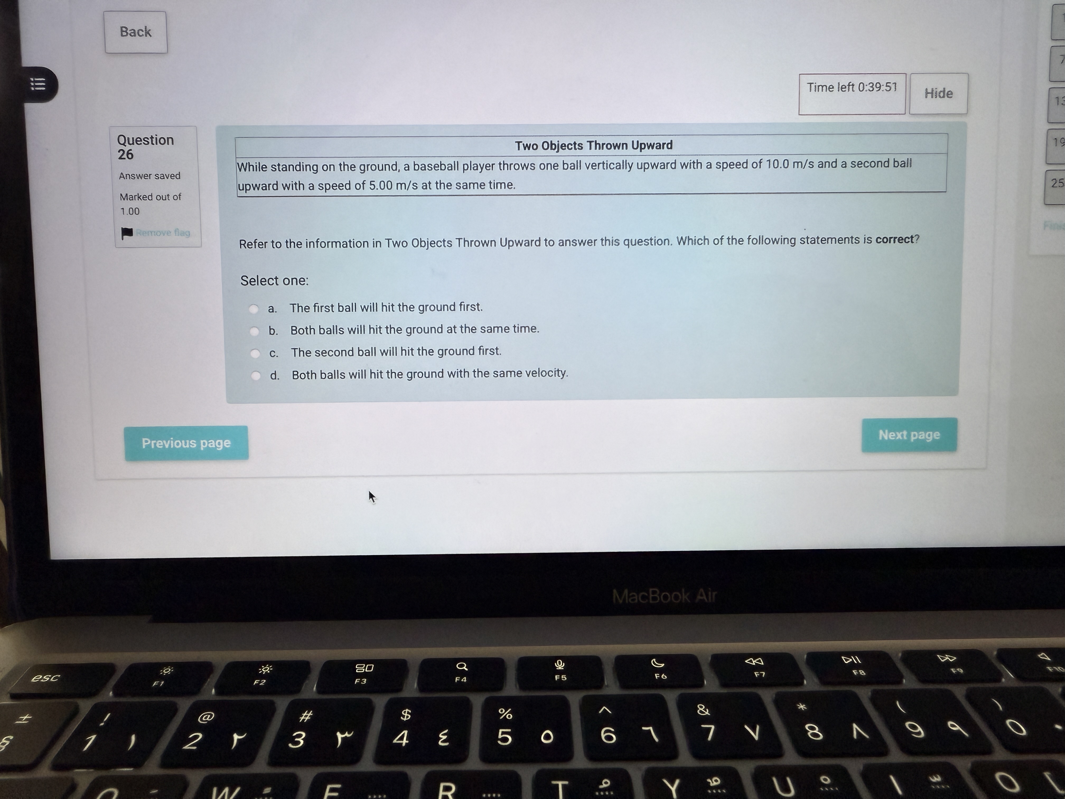 Solved Two Objects Thrown Upward While standing on the | Chegg.com