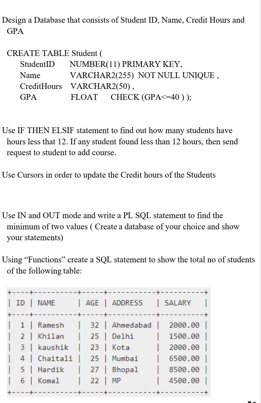 Solved Design a Database that consists of Student ID, Name, | Chegg.com