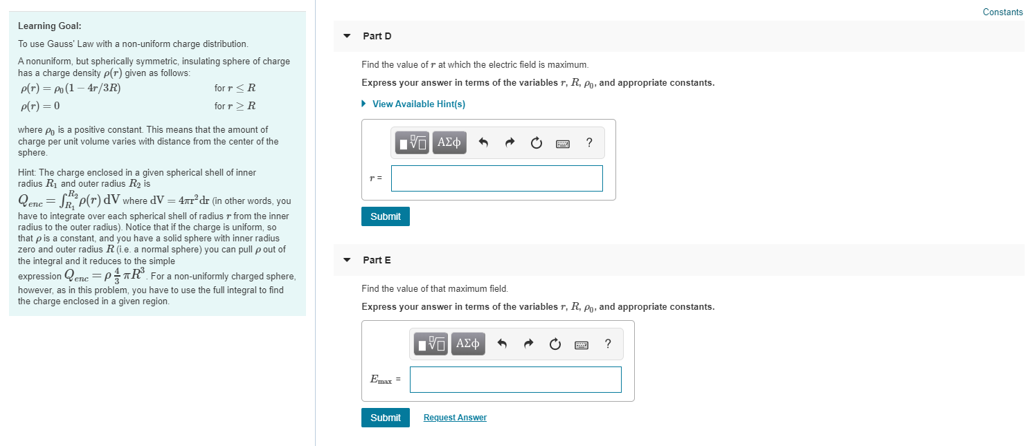 Solved Constants Part A Learning Goal: To use Gauss' Law | Chegg.com