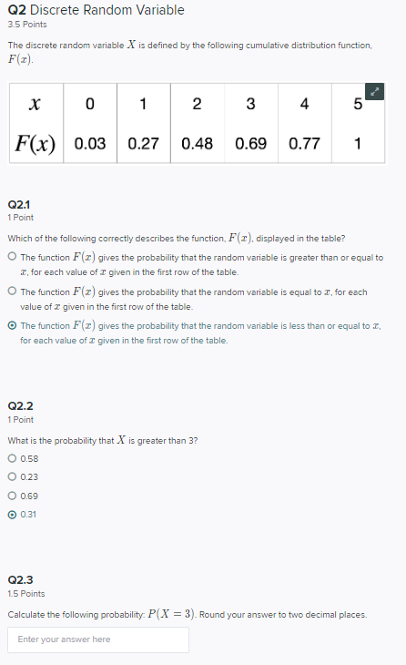 Solved Q2 Discrete Random Variable 3.5 Points The discrete | Chegg.com