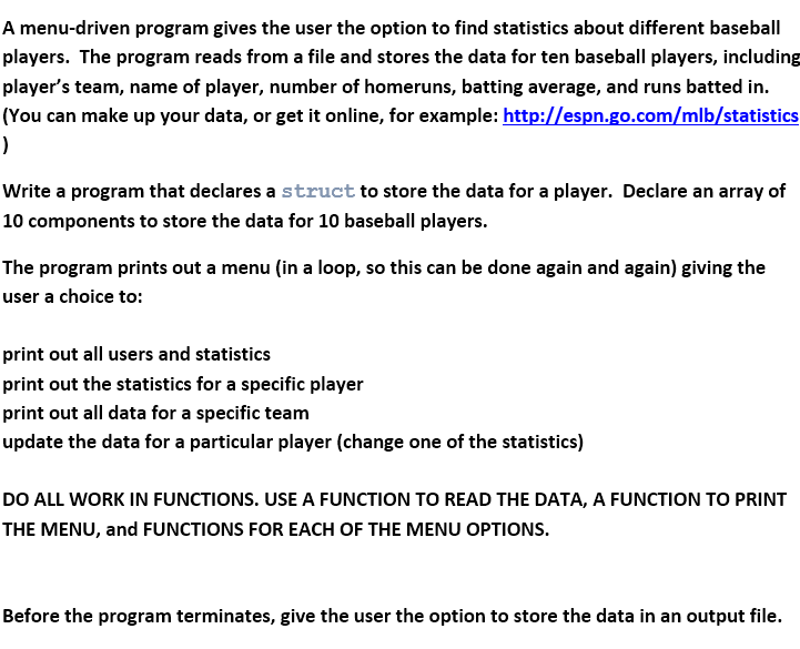 Write a c++ program, that has a menu driven program, | Chegg.com
