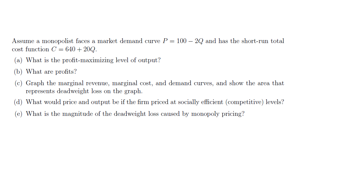 Solved Assume a monopolist faces a market demand curve P = | Chegg.com