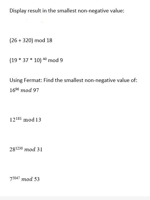 Solved Display result in the smallest non-negative value: | Chegg.com