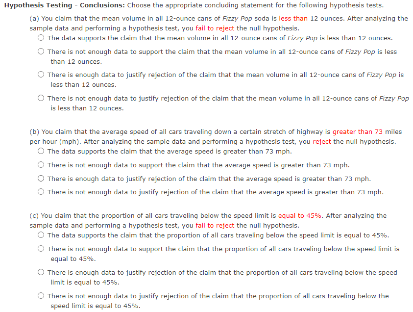 Solved Hypothesis Testing - Conclusions: Choose the | Chegg.com