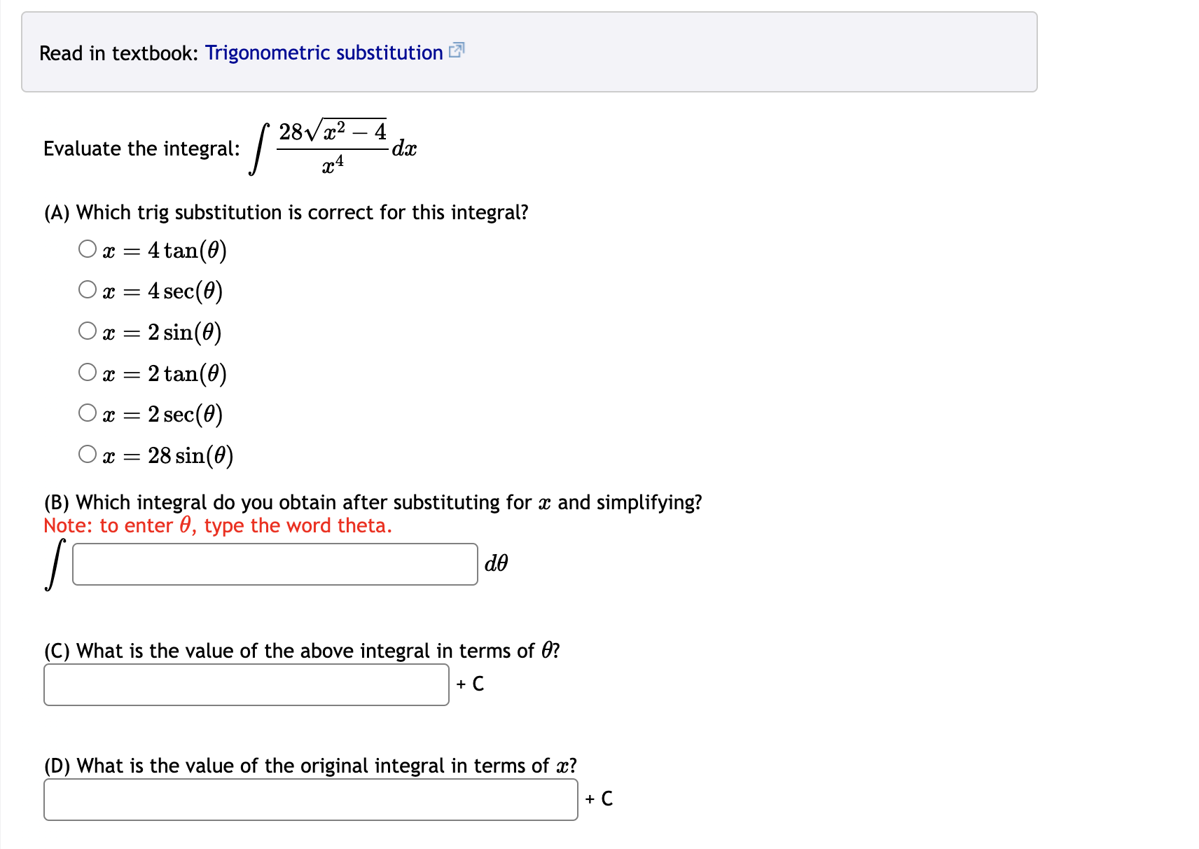 Solved Read in textbook: Trigonometric substitution Evaluate | Chegg.com