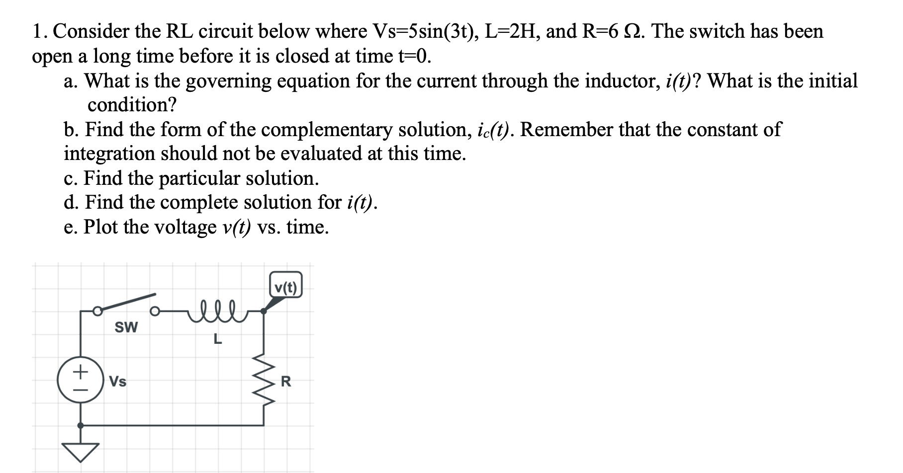 Solved 1. Consider the RL circuit below where Vs=5sin(3), | Chegg.com