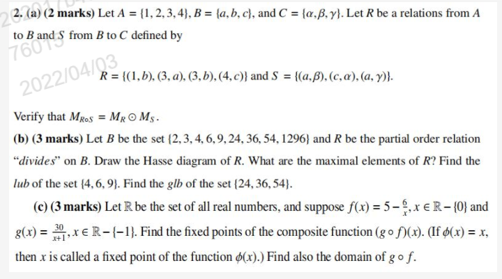 Solved 2. (a) (2 marks) Let A = {1,2,3,4), B = {a,b, c), and | Chegg.com